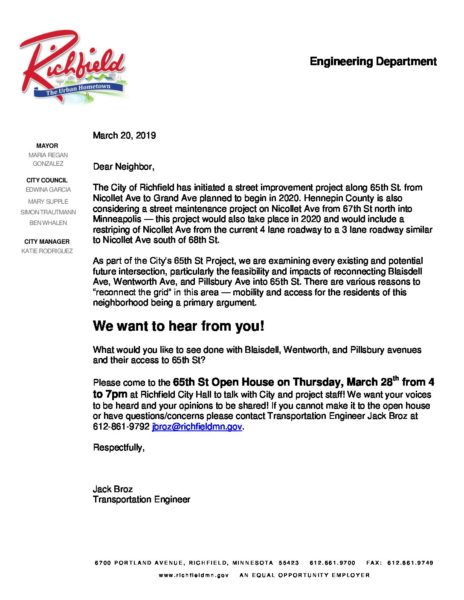 Special Letter to 65th access residents - Richfield Sweet Streets